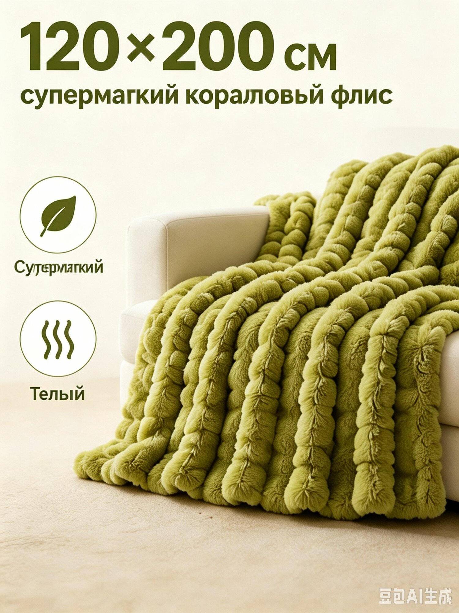Плед 200x120 см полиэстер двусторонний 3d-эффект светло-зеленый