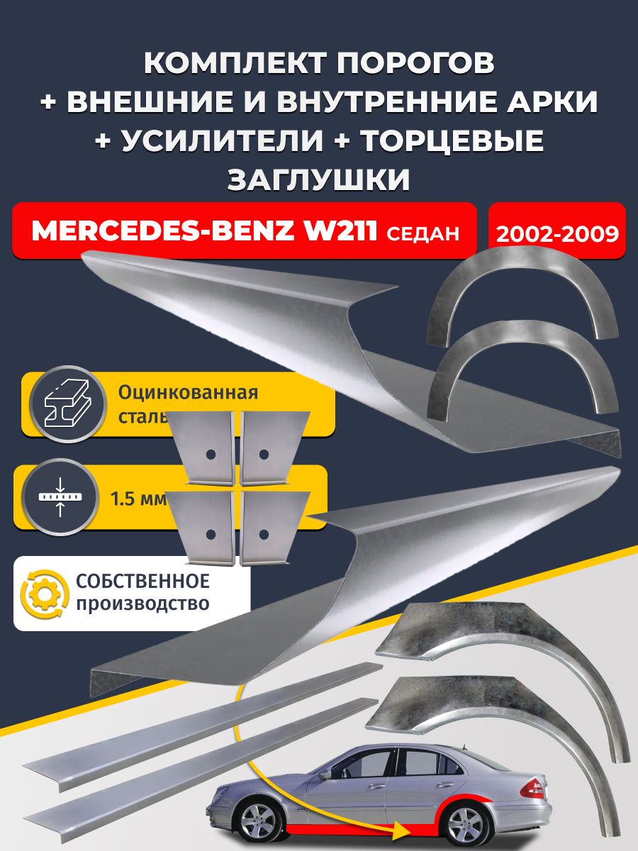 Комплект ремонтных задних внешних и внутренних арок (0,8 мм) + комплект порогов + 4 торцевые заглушки + усилители, на Mercedes-Benz W211 2002-2009 седан (Мерседес В211) Оцинкованная сталь 1.5 мм