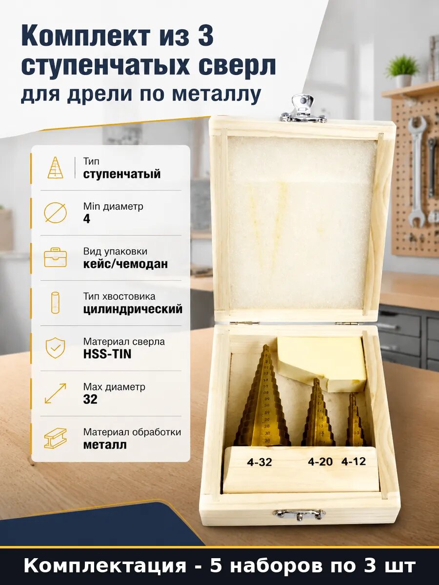 Ступенчатые сверла по металлу конусные HSS-TIN диаметр 5 шт