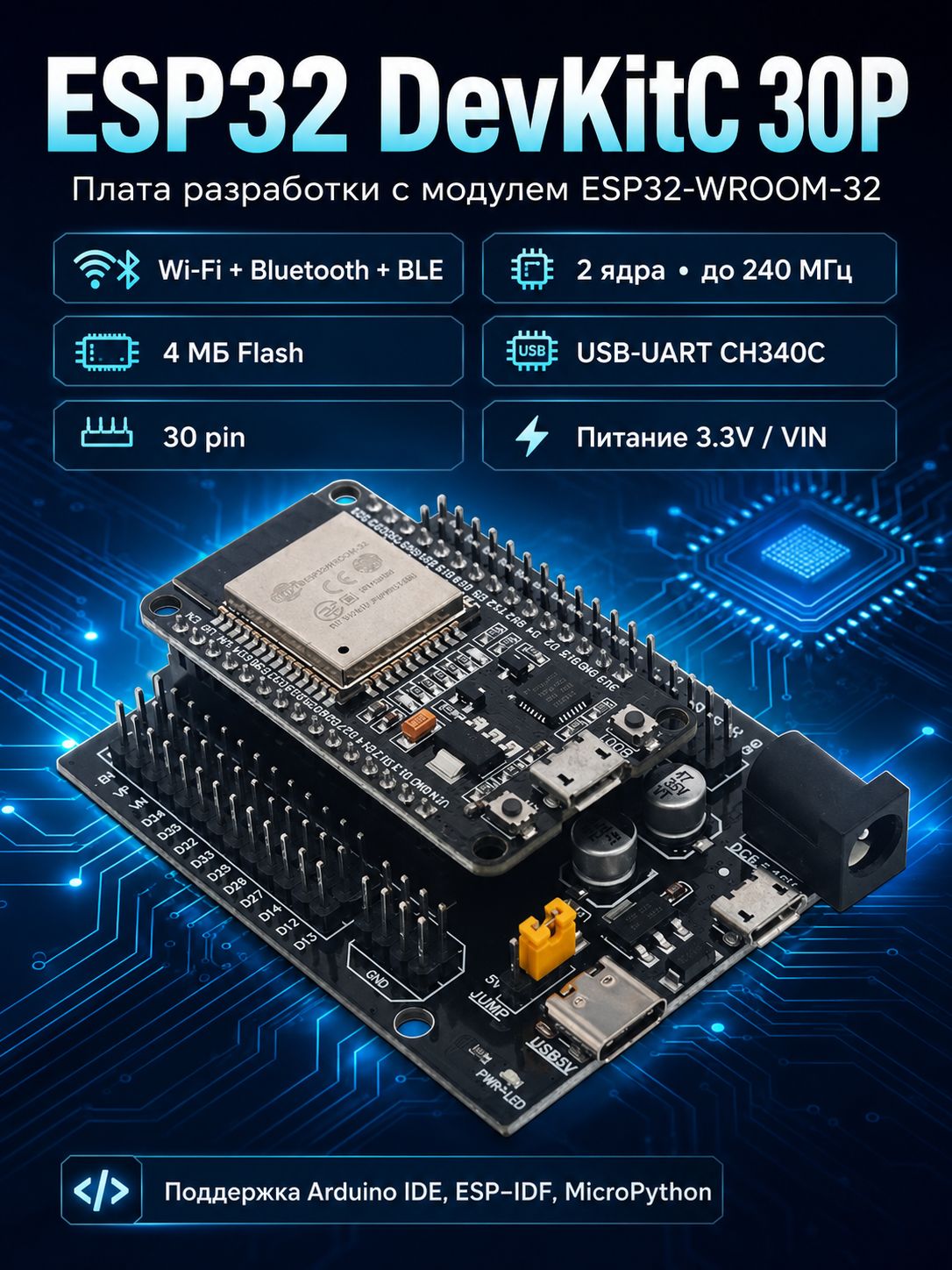 ESP32 Wroom-32 30pin USB CH340C, Wi-Fi + Bluetooth + плата разработки ESP32