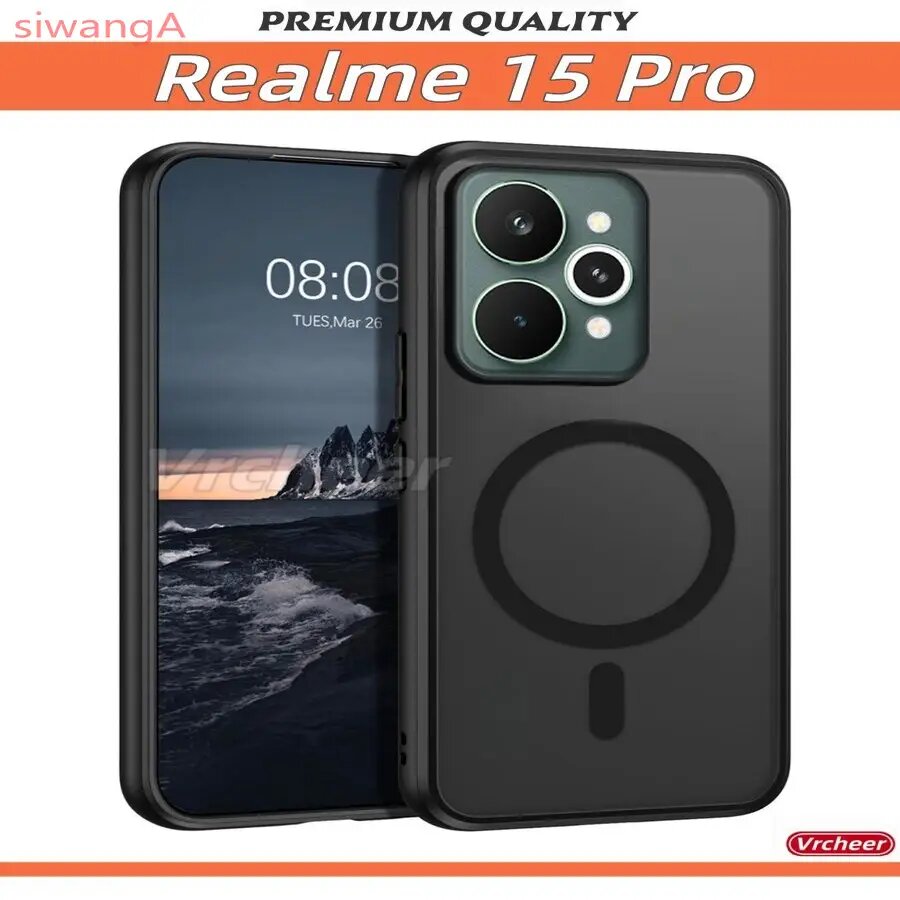Матовый противоударный чехолкнижка для Realme 15 Pro, совместимый с MagSafe, с премиальным покрытием силктач, усиленный.
