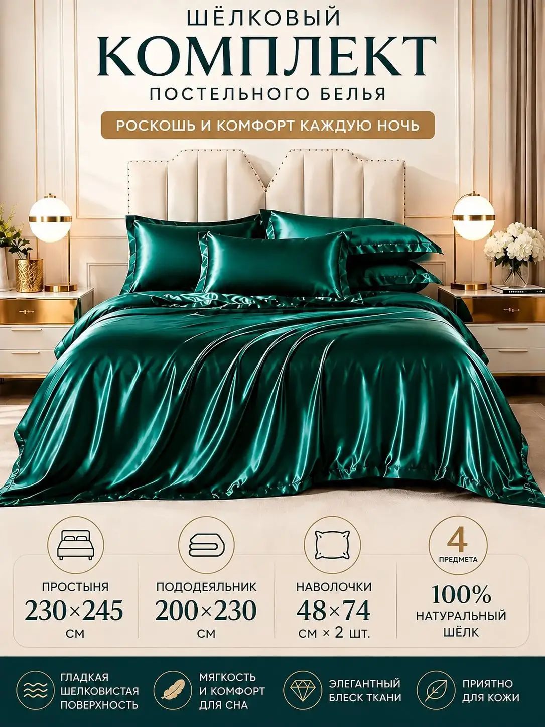 Комплект постельного белья 2-спальный натуральный шелк 200x230 см, наволочки 48x74, простыня 230x245 см, цветбирюзовый
