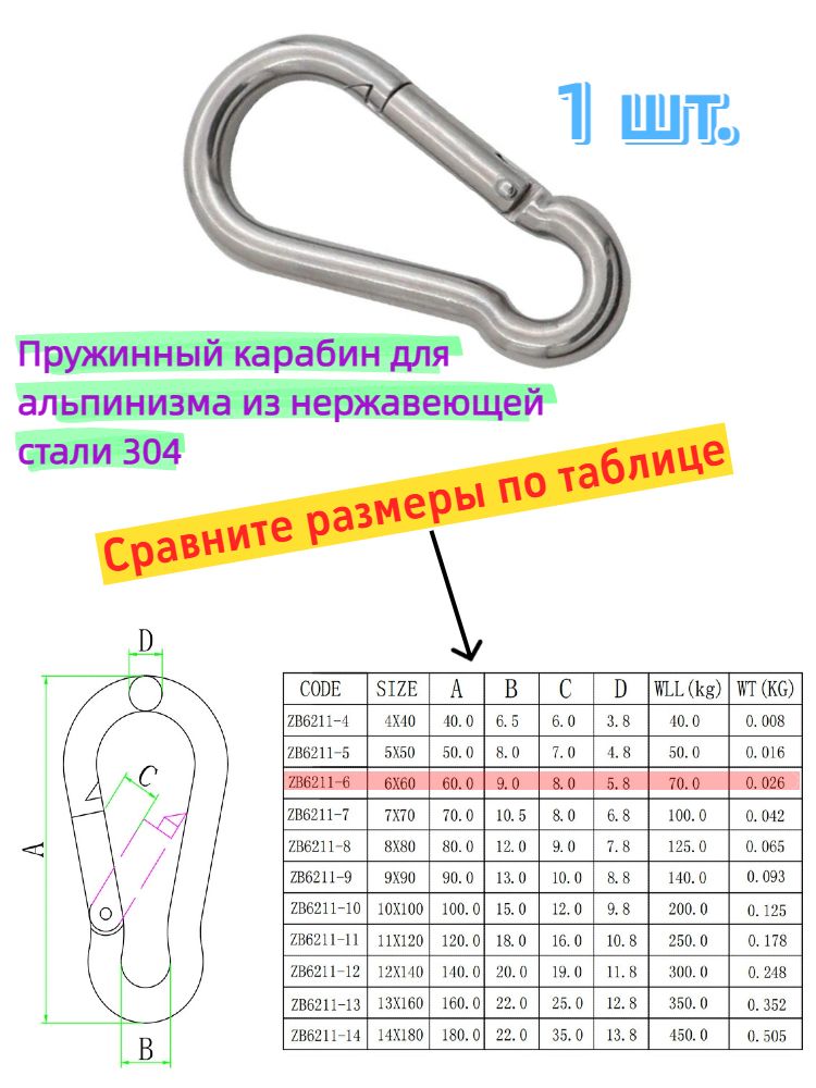 Карабин с самосбросом, длина: 60 мм, 1 шт