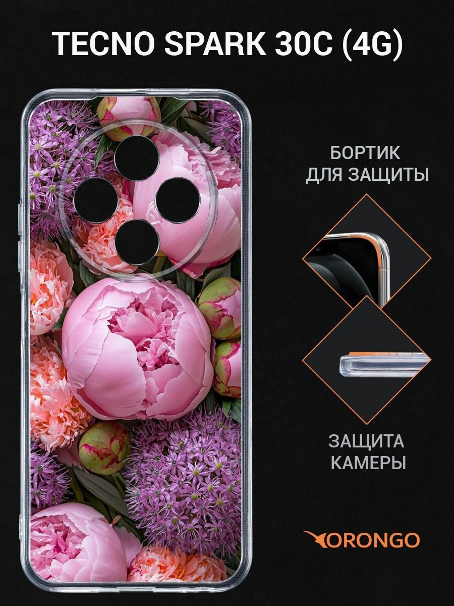 Чехол на Tecno Spark 30C 4G прозрачный с рисунком, с защитой камеры, с принтом бутоны розовые / Текно Спарк 30С