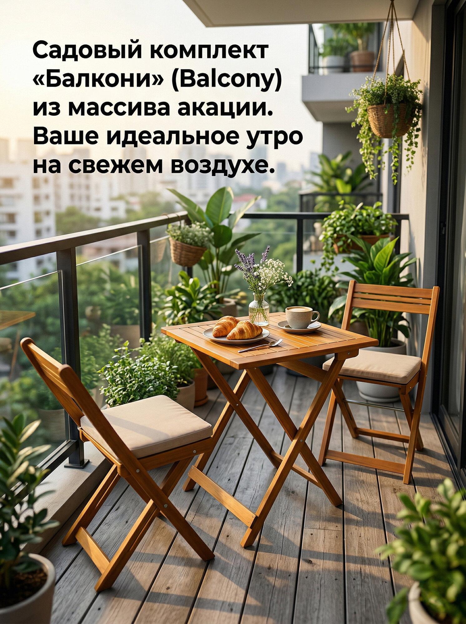 Садовый комплект для террасы из акации Балкони (Balcony), коньяк