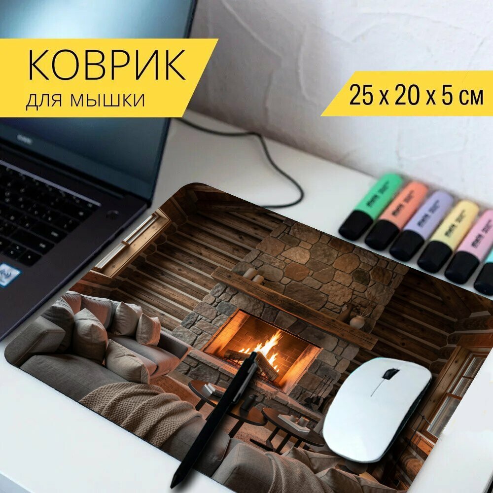 Коврик для мыши с принтом "Уютная гостиная с камином. Деревянный интерьер шале с большим очагом из натурального камня, мягкими диванами, креслом и теплым светом." 25x20см.