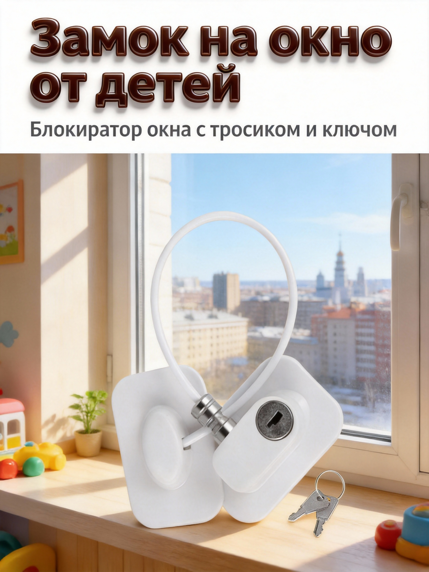 Замок на окно от детей, блокиратор с тросиком и ключом для защиты ребенка