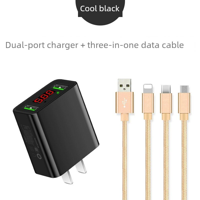 2-портовое умное USB-зарядное устройство с цифровым дисплеем, 2.2A, матовый черный цвет, включает 3-в-1 USB-кабель