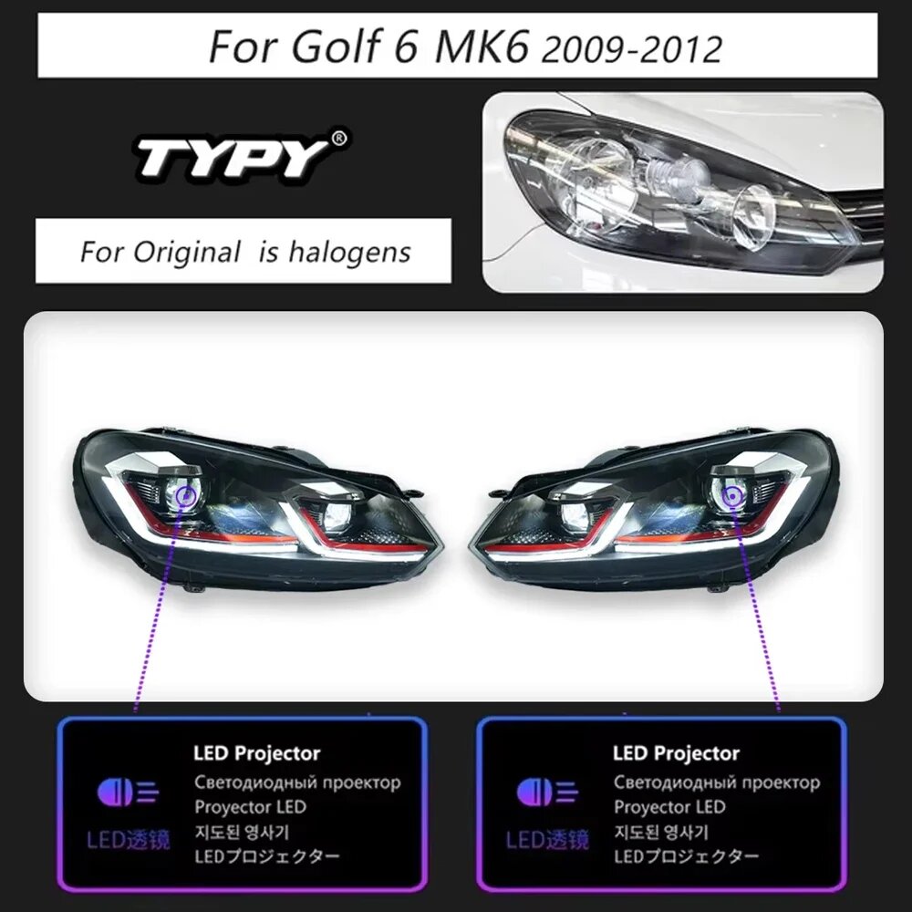 TYPY Новая светодиодная головная фара, модернизированная для фаров VW Golf 6 Mk6 2009-2012 года выпуска, с динамическим сигналом, автомобильные аксессуары