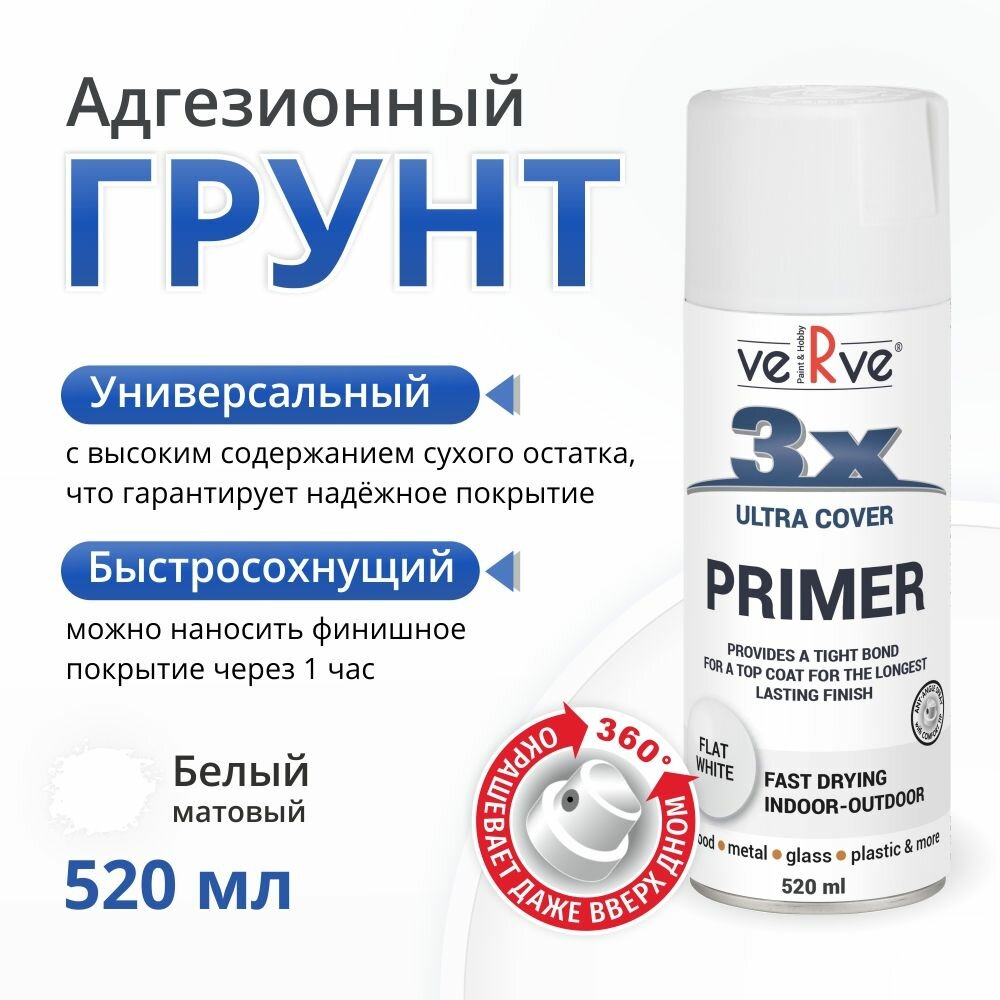 Аэрозольный грунт, универсальная грунтовка, акриловая, белый, 520 мл