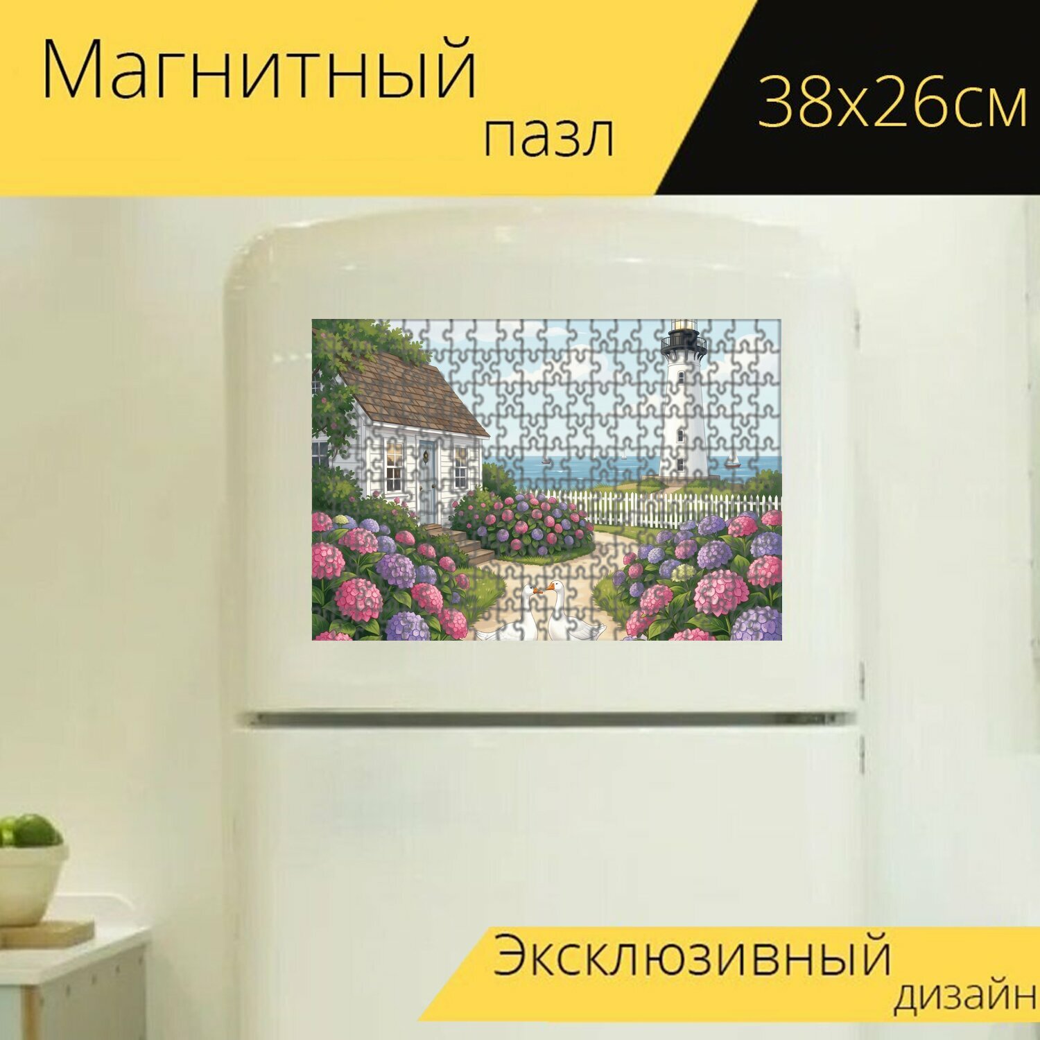 Магнитный пазл "Маяк и цветущий прибрежный домик. Светлая морская сцена в нежных голубых и пастельных тонах: белая башня у океана, уютный коттедж, пышные." для интерьера, 38х26 см.