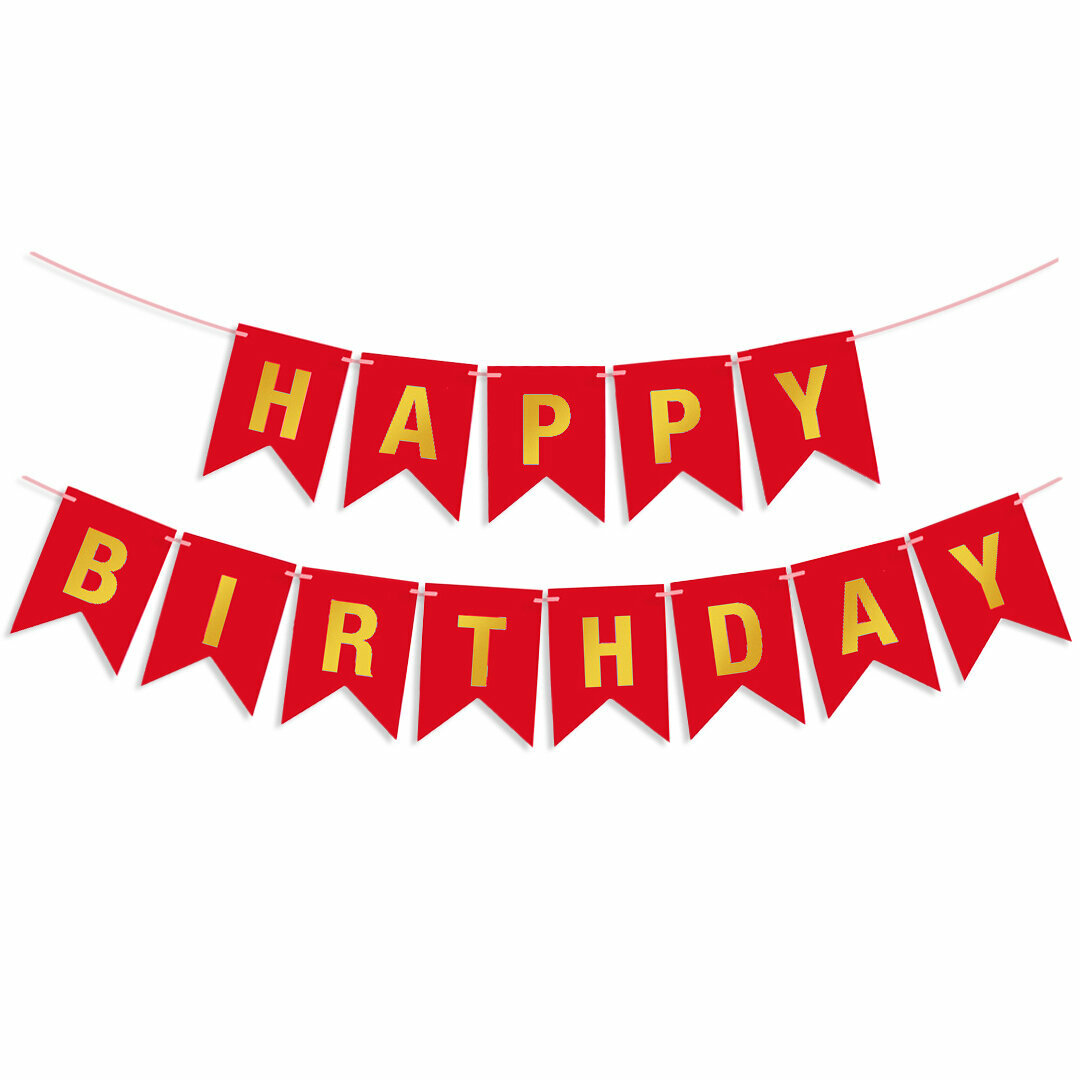 Гирлянда-растяжка Флажки, Happy Birthday, Красный, Золото, металлик, 500 см, 16*12 см, 1 шт