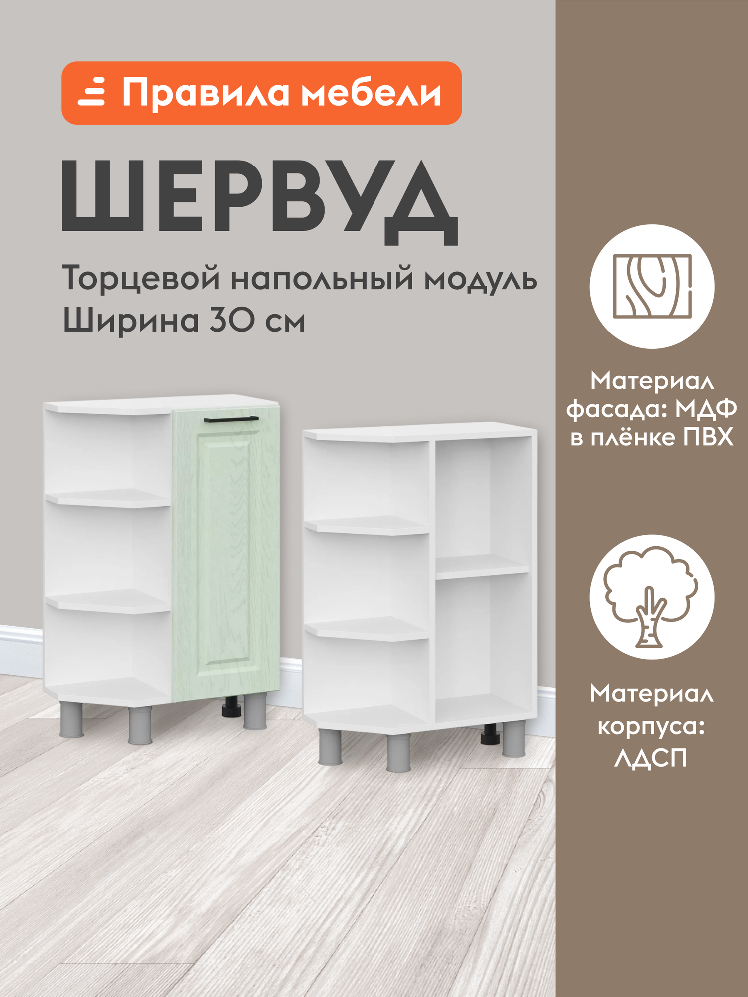 Кухонный модуль напольный, стол торцевой Шервуд с полками, с доводчиками, 30х54х82.4 см, Белый / Шато мята