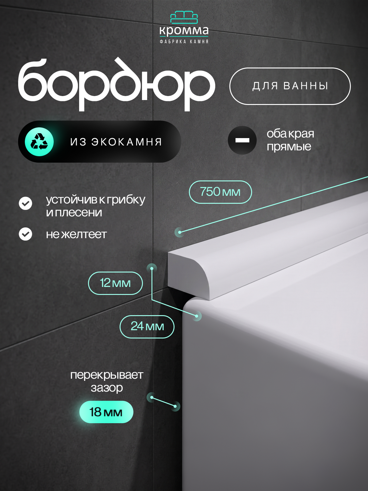 Акриловый бордюр плинтус для ванны 24/750 мм. белый цвет, глянцевая поверхность, прямой