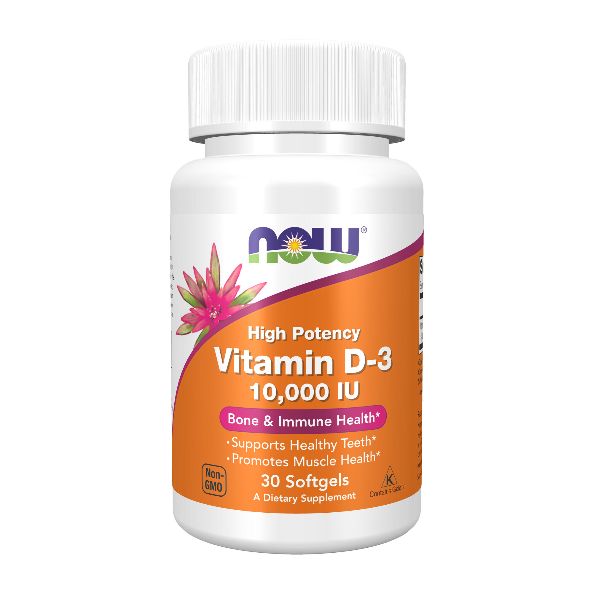 NOW Vitamin D 10.000 IU, Витамин Д3, 30 капсул, Витамины для зубов и костей, для мышц, для суставов и связок
