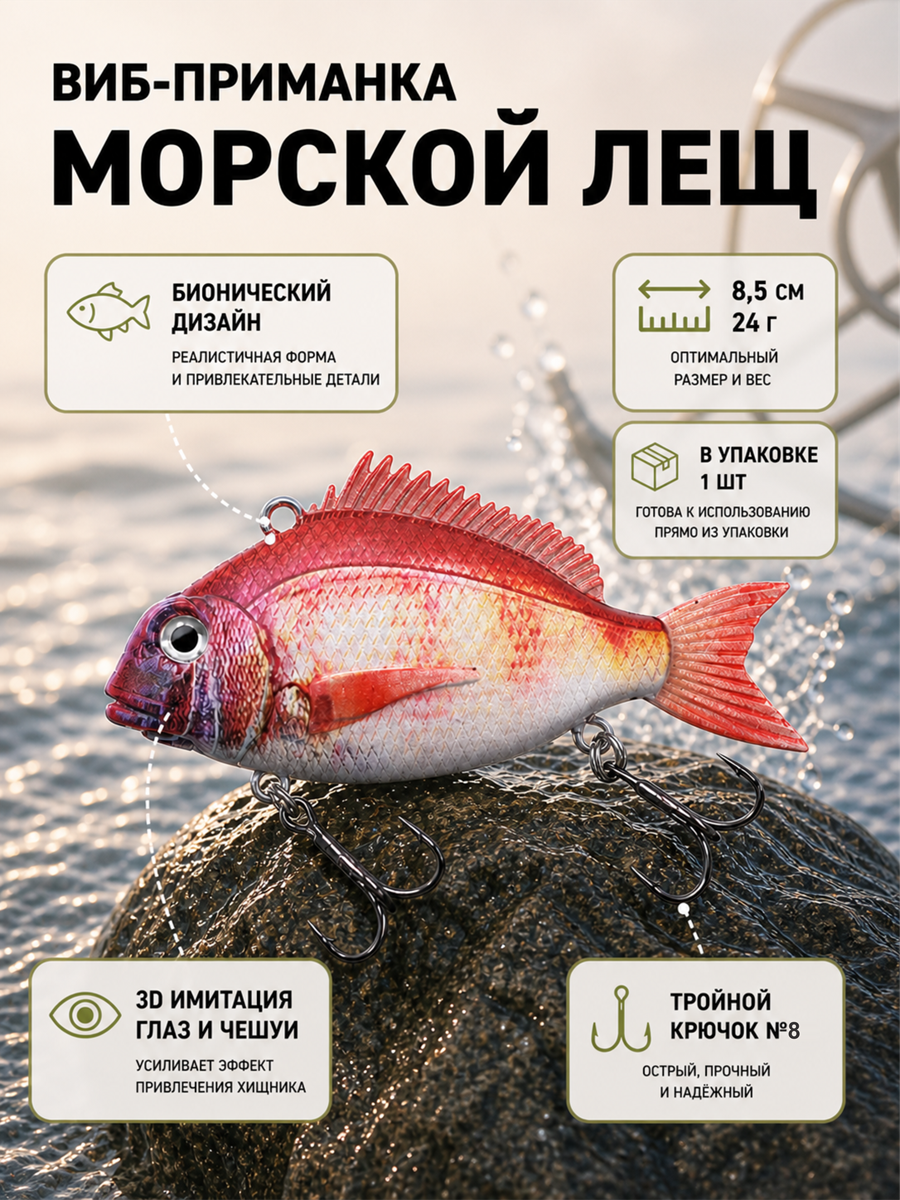 Рыболовная 3D вибрационная виб-приманка (VIB), имитация морского леща, тонущая для дальнего заброса, с тройным крючком 8,5 см/24 г, красно-белая