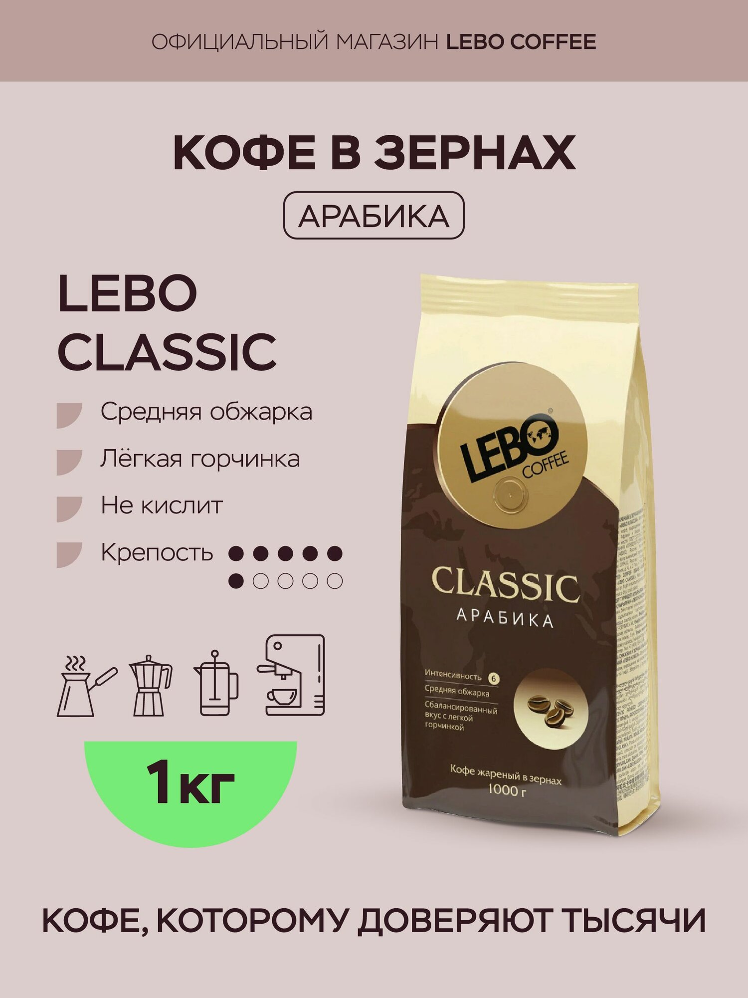Кофе в зернах LEBO CLASSIC 100% арабика 1 кг средняя обжарка, свежая партия