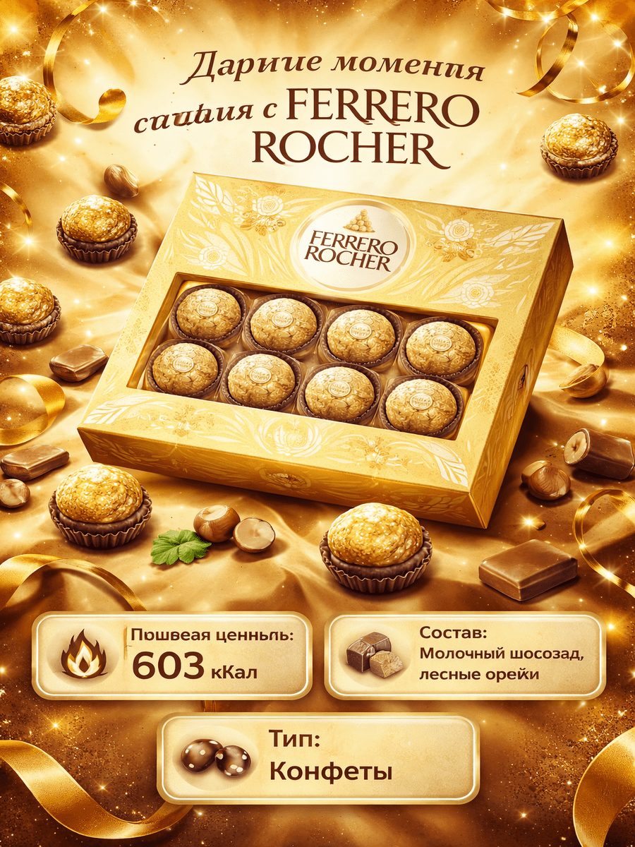 Набор конфет Ferrero Rocher хрустящие из молочного шоколада, 125г