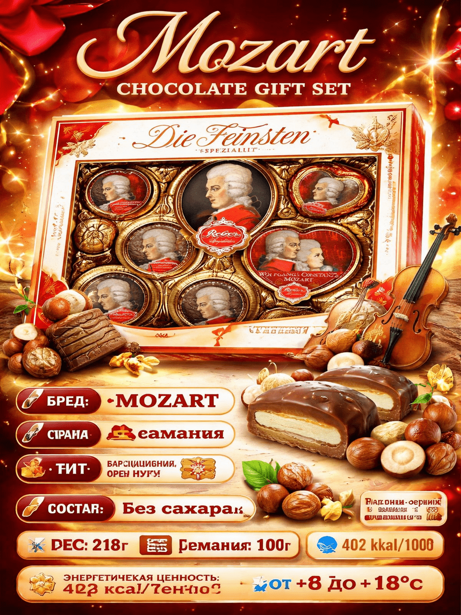 Набор шоколадных конфет Mozart Reber Die Feinsten Mozart-Spezialitaten с марципаном, 218г