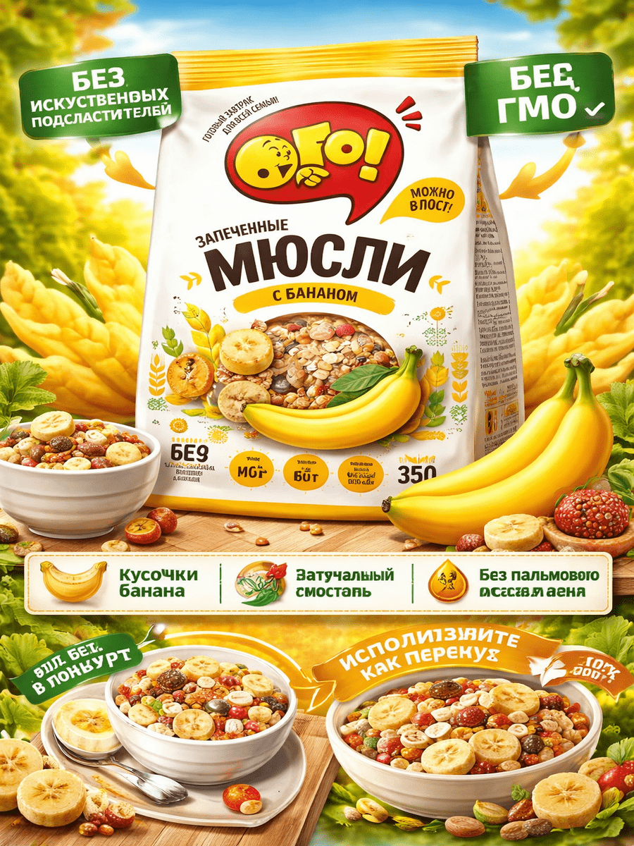 Мюсли Ого! запеченные с бананом, 350г