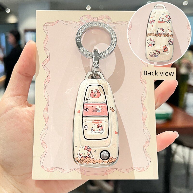 Ключевой брелок Hello Kitty с кристаллами и кольцом для Ford Focus 2015, элегантный защитный чехол с блестящими деталями
