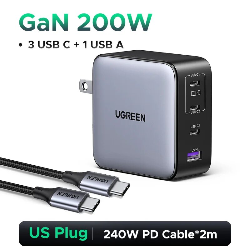 UGREEN 200W GaN зарядное USB C + USB A, US Plug, 2м кабель