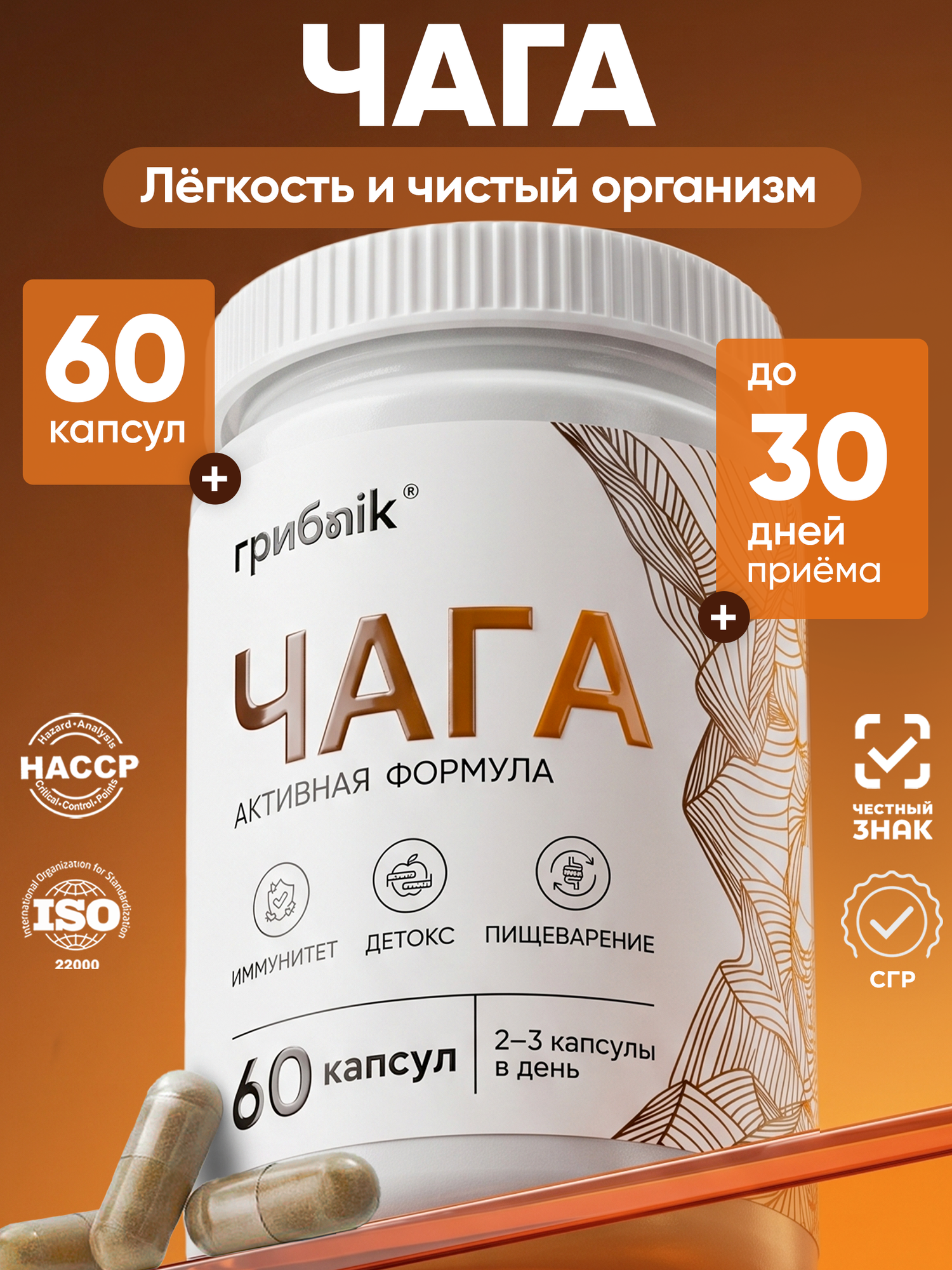 Чага березовая в капсулах, чага экстракт для иммунитета 60 капсул по 602 мг, грибnik