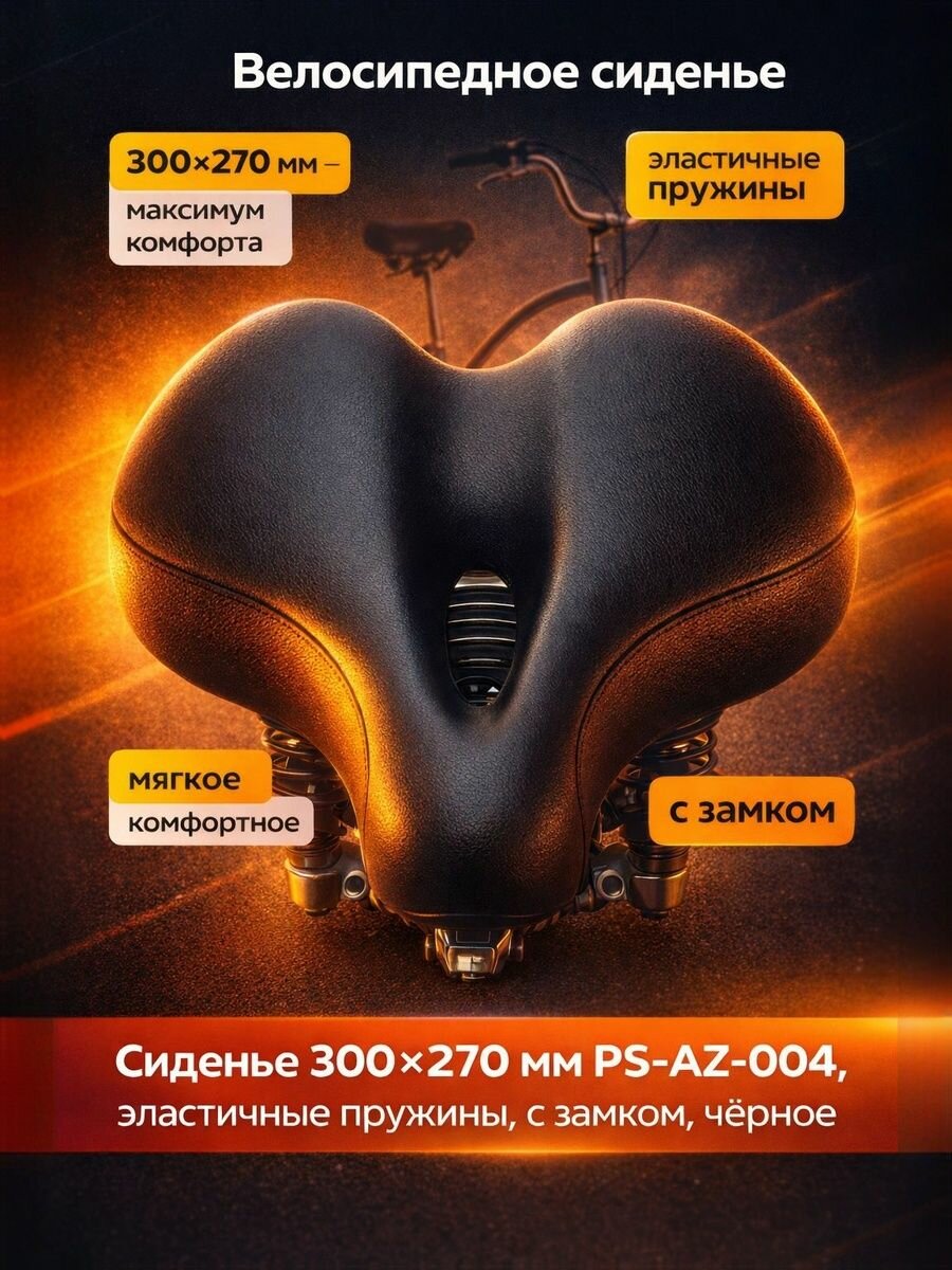 Седло велосипедное широкое 300х270 мм, PS-AZ-004, эластичные пружины, с замком, чёрное, (63)