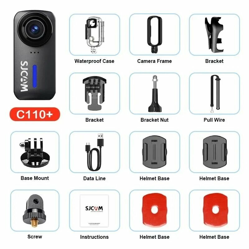 Спортивная камера SJCAM C110+ black Standard Action Camera, Спортивная камера с шестиосевым гироскопом и защитой от тряски с разрешением 4K 30 кадров в секунду, широкоугольным объективом 170 градусов.