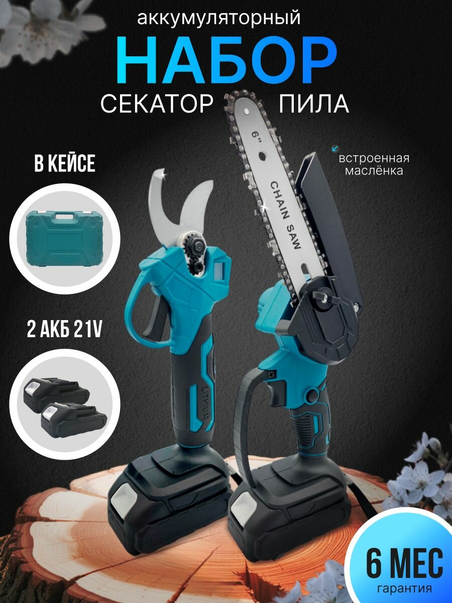 Набор садовых инструментов для сада 2 в 1, дачный / Секатор аккумуляторный + электро пила / сучкорез электрический для кустарников и деревьев в кейсе