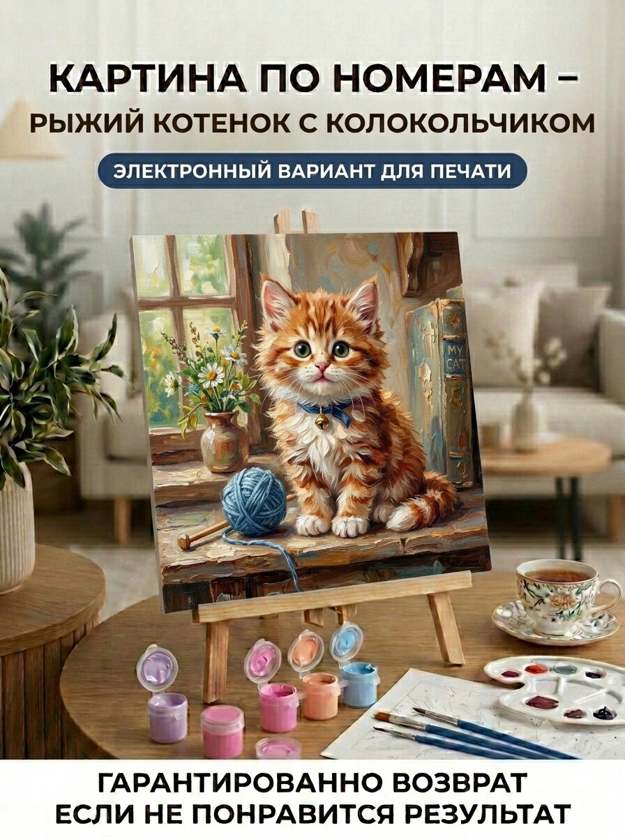 Картина по номерам "Рыжий котенок с колокольчиком", на холсте, PDF-инструкция