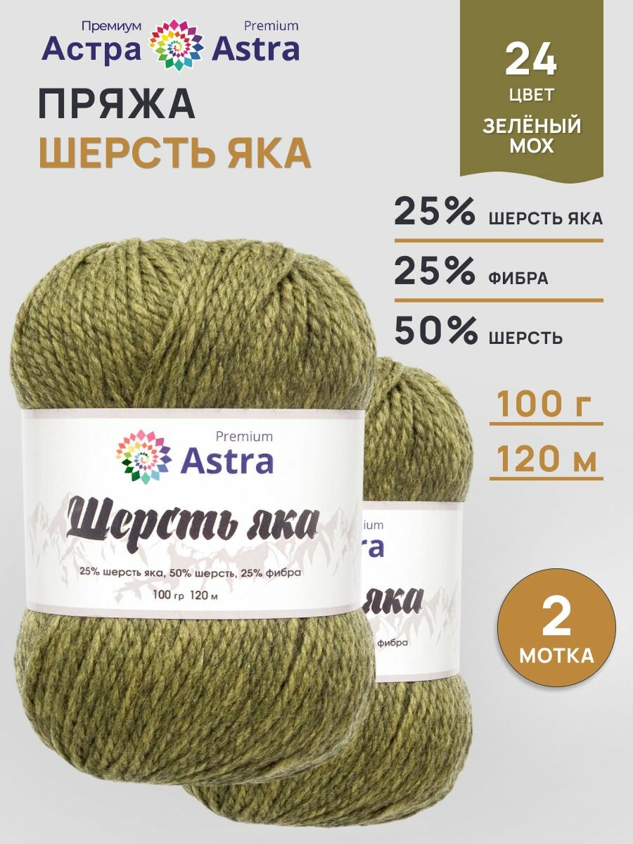 Пряжа для вязания Astra Premium 'Шерсть яка' 100г, 120м (шерсть яка, шерсть, фибра) (24 зеленый мох), 2 мотка