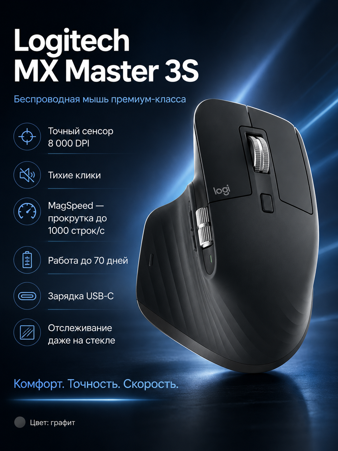 Оригинальная беспроводная мышь Logitech MX Master 3S для Mac, для Mac, сенсор TrueMove Pro