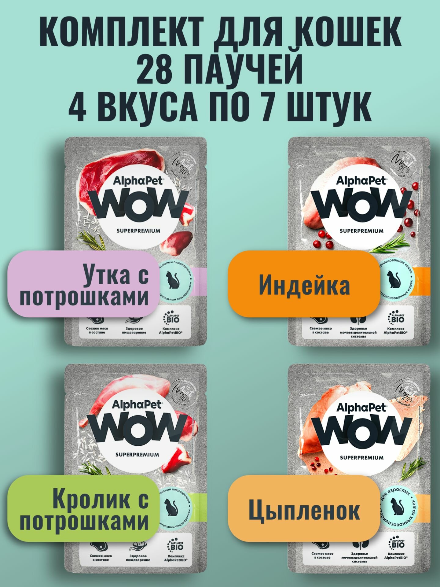 AlphaPet / Комплект для стерилизованных и кошек с чувствительным пищеварением (индейка, цыпленок, утка и кролик с потрошками) 28 шт х 85 гр