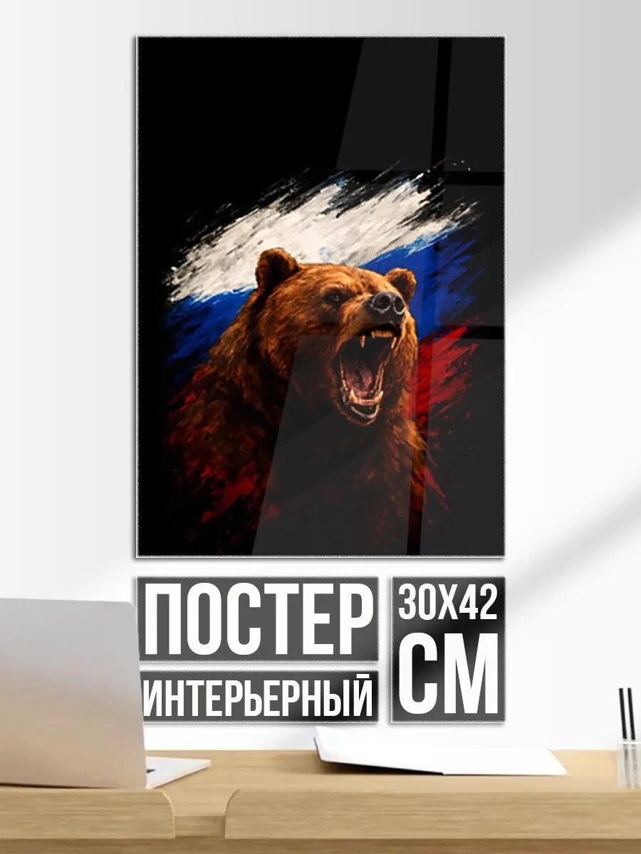 Постер на стену Медведь на фоне триколора