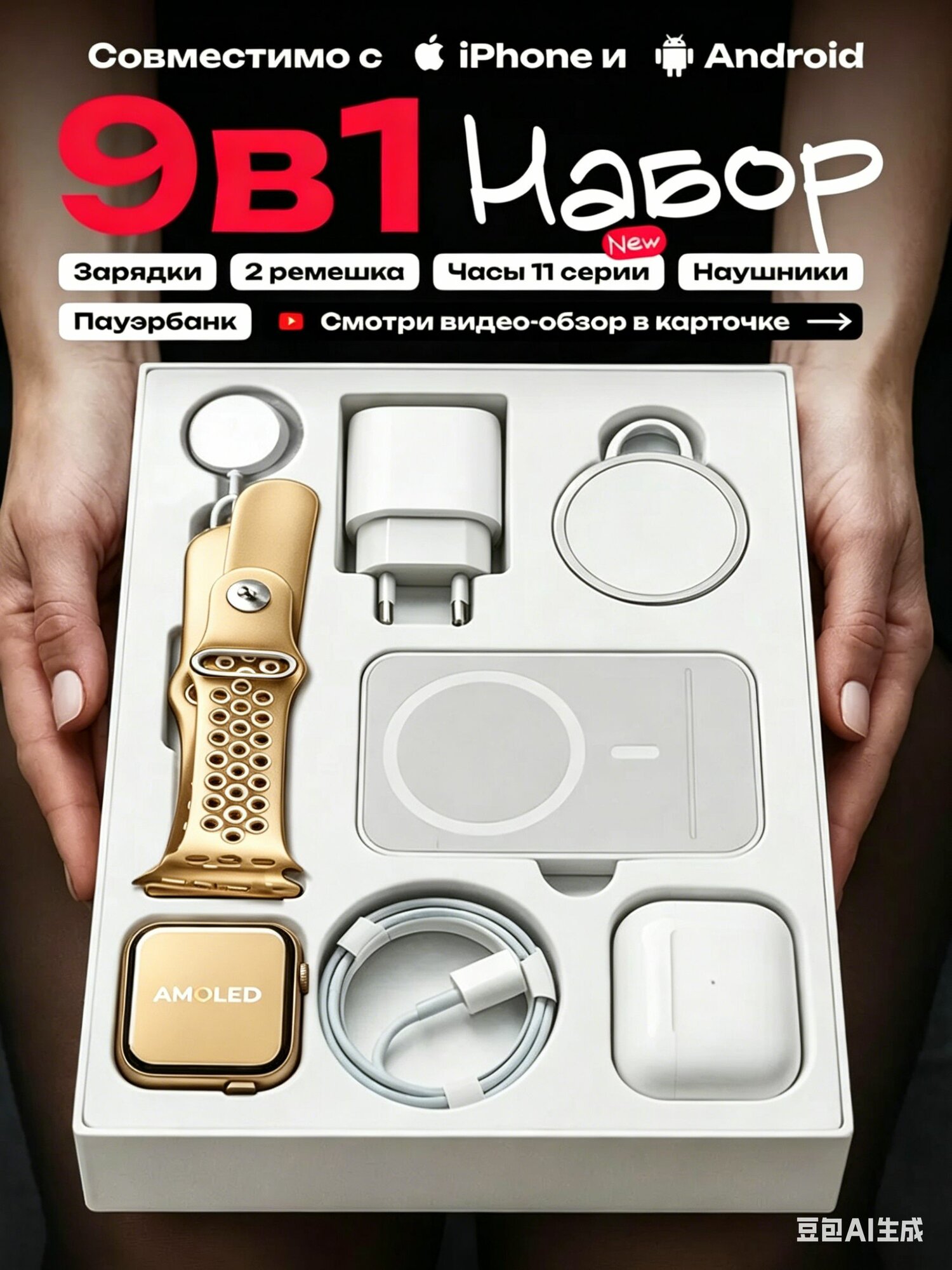 Умные спортивные часы Ultra 9+ 9-в-1 Комплект, включающий зарядное устройство для мобильного телефона, наушники и беспроводное магнитное зарядное устройство, совместимое с iPhone и часами. 49 мм