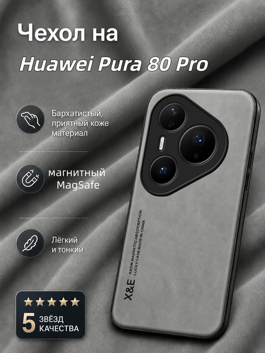 Кожаный чехол для Huawei Pura 80 Pro (Хуавей Пура 80 Про) с защитой камеры , магнитный MagSafe, синий