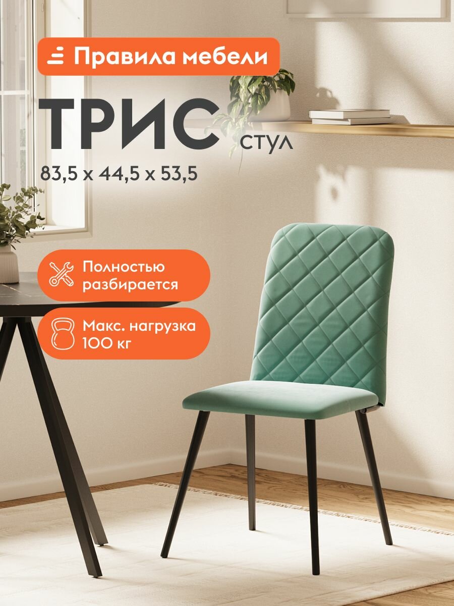 Стул Трис универсальный, разборный, кухонный, для гостинной, обеденный, на ножках, 44.5х53.5х83.5 см, Мятный, велюр / Черный, металл