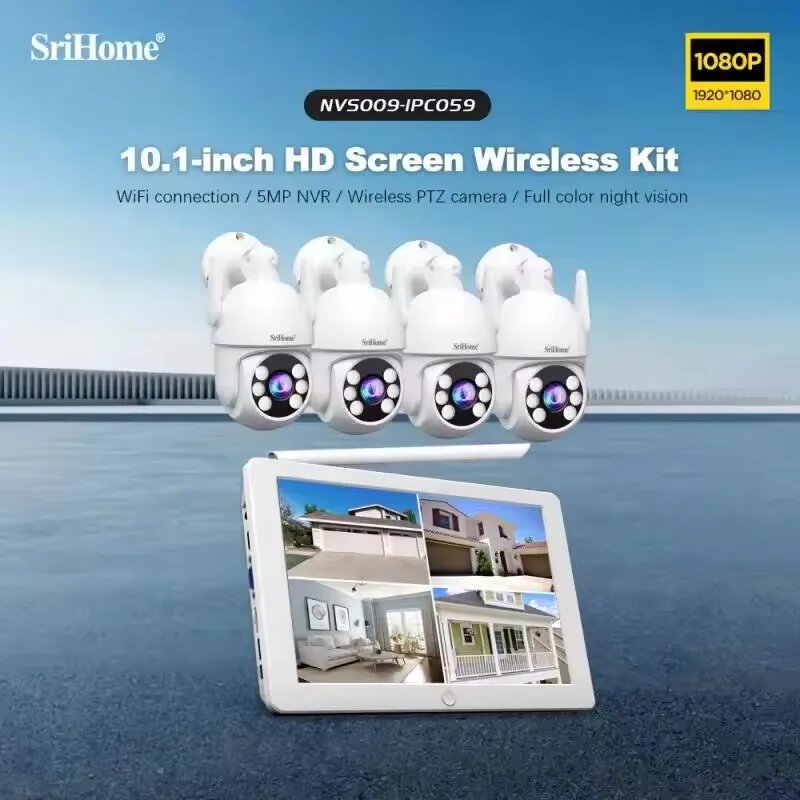 Комплект видеокамер CCTV Srihome 1080P с Wi-Fi с автоматическим трекингом, водонепроницаемая система видеонаблюдения PTZ IP-камеры с экраном диагональю 10,1 дюйма