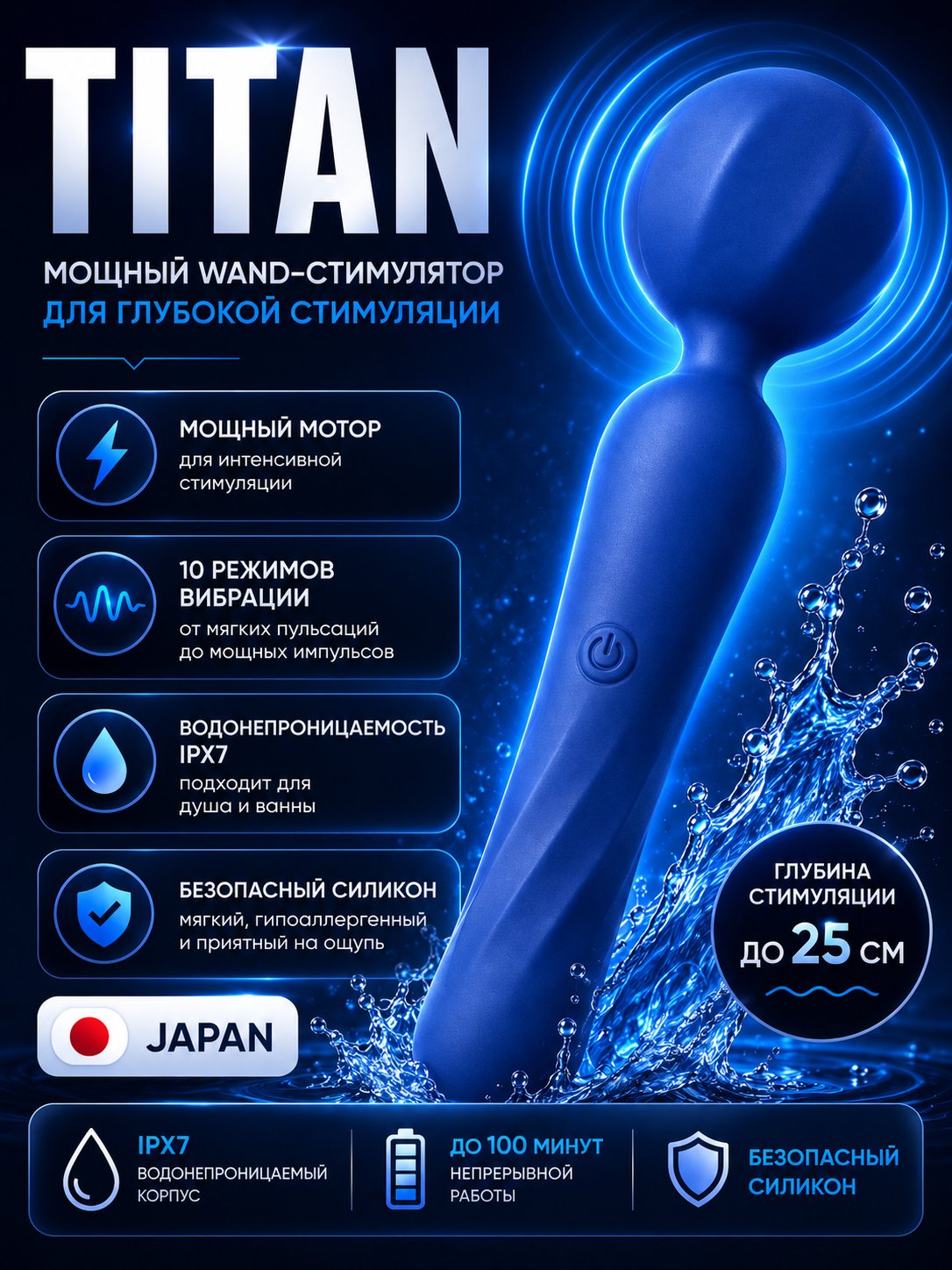 Вибромассажер Wand BeYourLover Titan, синий, 25 см, мощный вибратор Wand