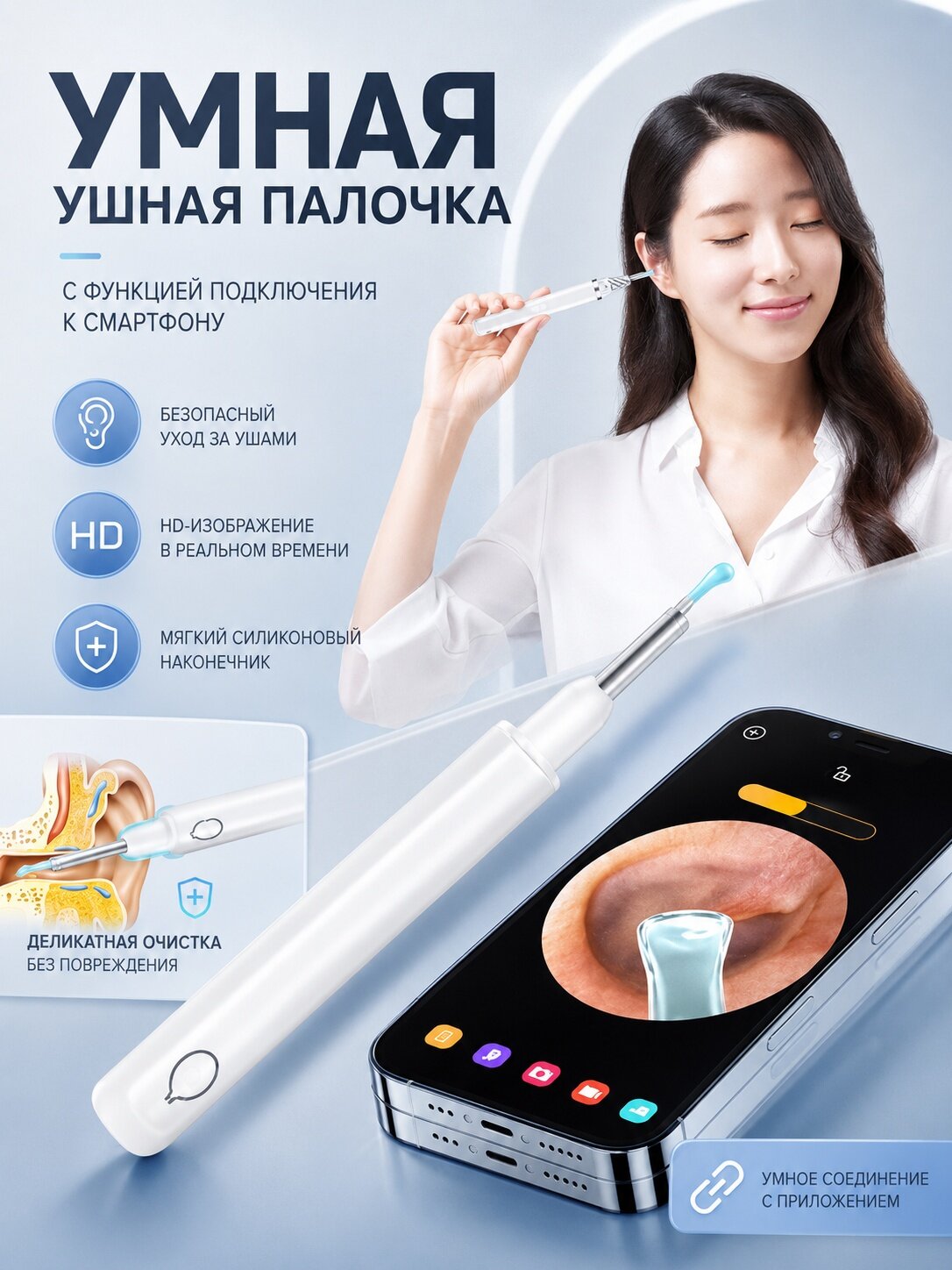 Умная ушная палочка , с эндоскопом, подсветкой, камерой, силиконовыми насадками