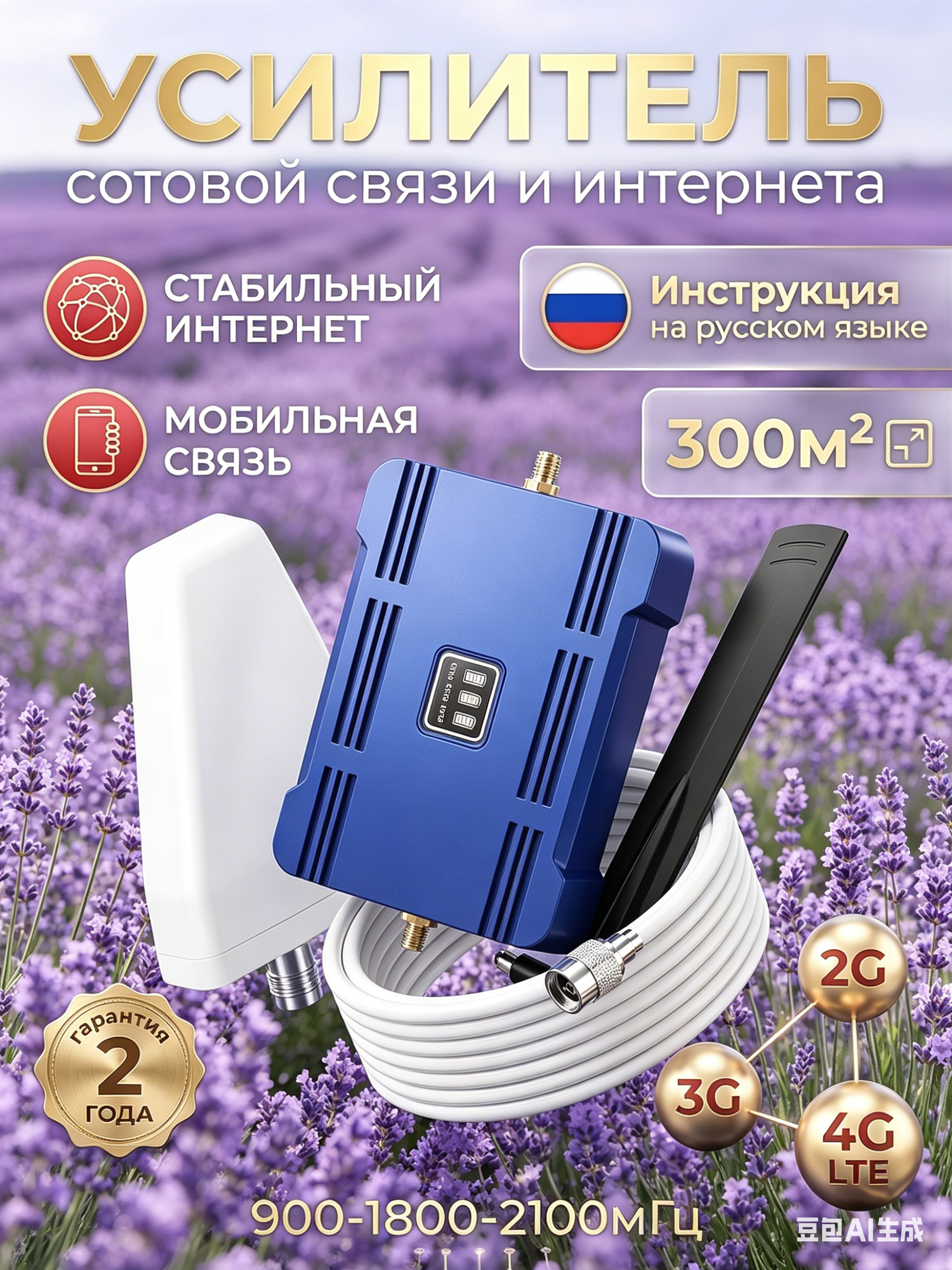Усилитель сотовой связи 900/1800/2100 МГц (2G/3G/4G): до 70 км, направленный, синий, 1.3 кг