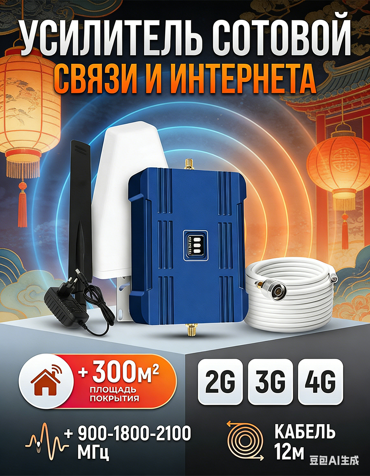 Усилитель сотовой связи 900/1800/2100 МГц (2G/3G/4G): до 70 км, направленный, синий, 1.3 кг