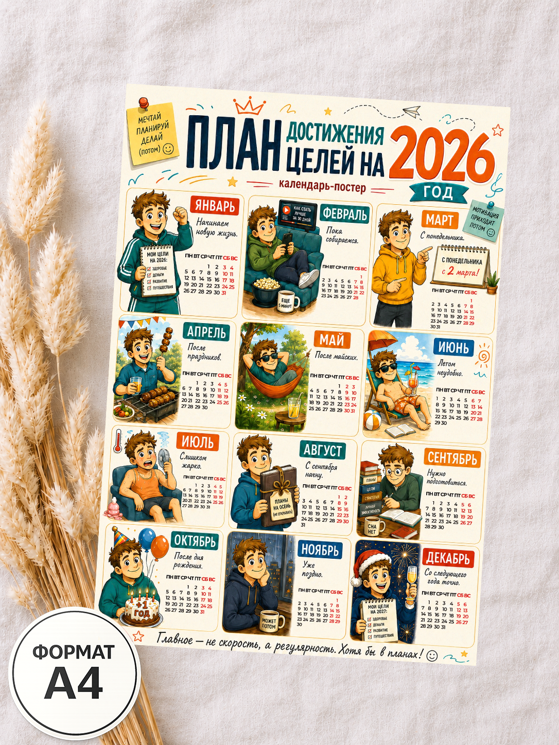 Прикольный календарь 2026 План достижения целей А4, заламинированный постер на фотобумаге, подарок