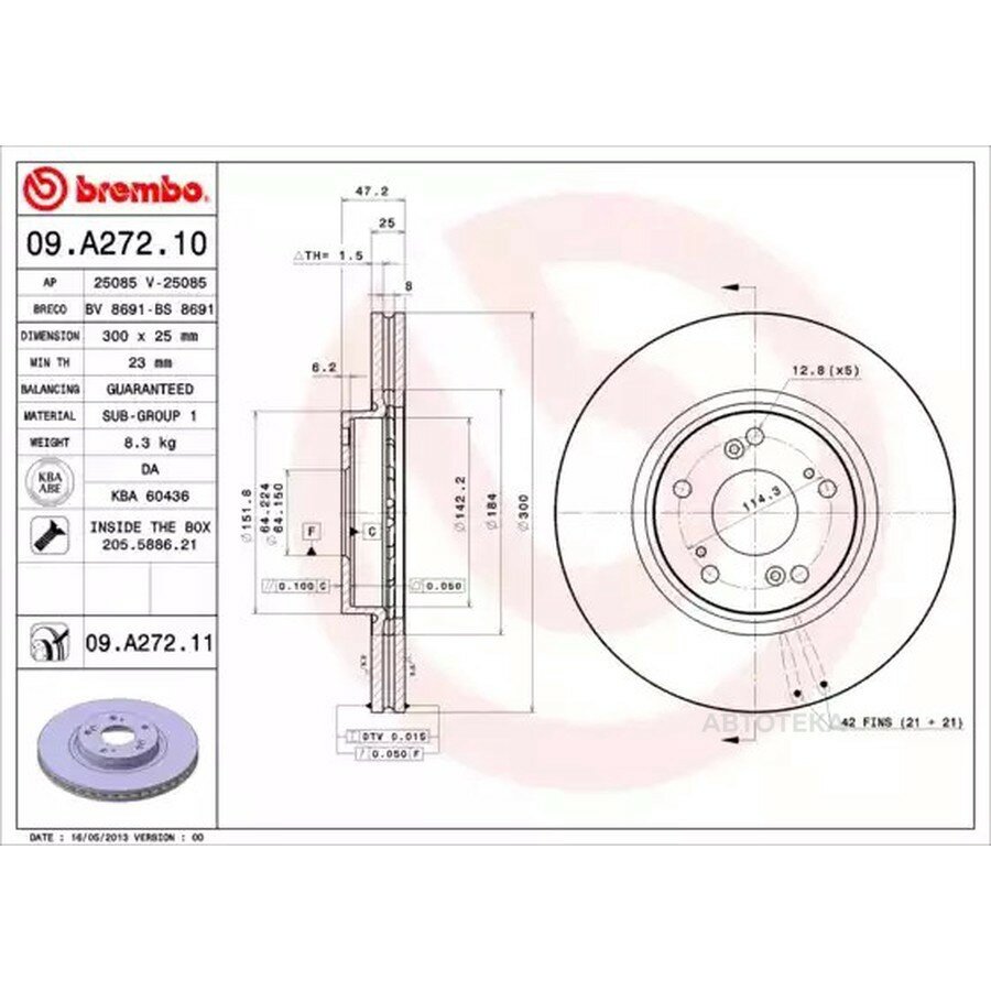 Диск тормозной BREMBO 09A27211 H DA ACCORD VII (CL, CN) 01/03-09/12 / H DA ACCORD VII (CM) 09/02-05/08 / H DA ACCORD VII Tourer (CM, CN) 04/03-05/08