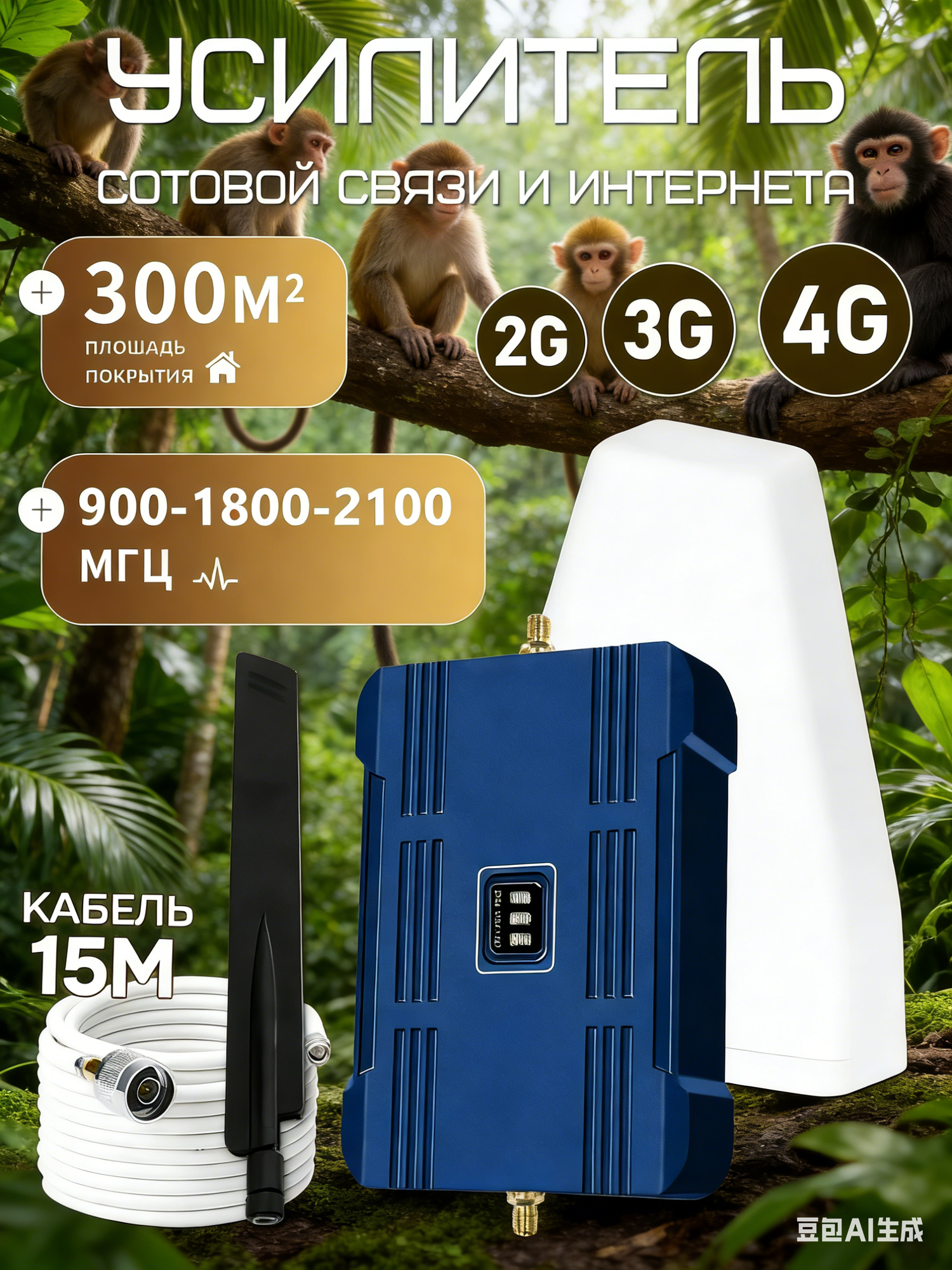 Усилитель сотовой связи 900/1800/2100 МГц (2G/3G/4G): до 70 км, направленный, синий, 1.3 кг