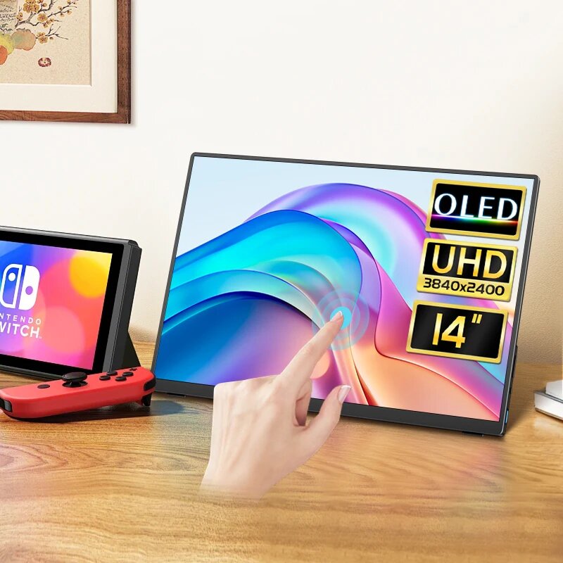 Портативный сенсорный монитор Damrapt 14 дюймов OLED 4K 16:10 500 нит HDR с металлическим рамой для ноутбуков, ПК, смартфонов, Xbox, игровых дисплеев Mac