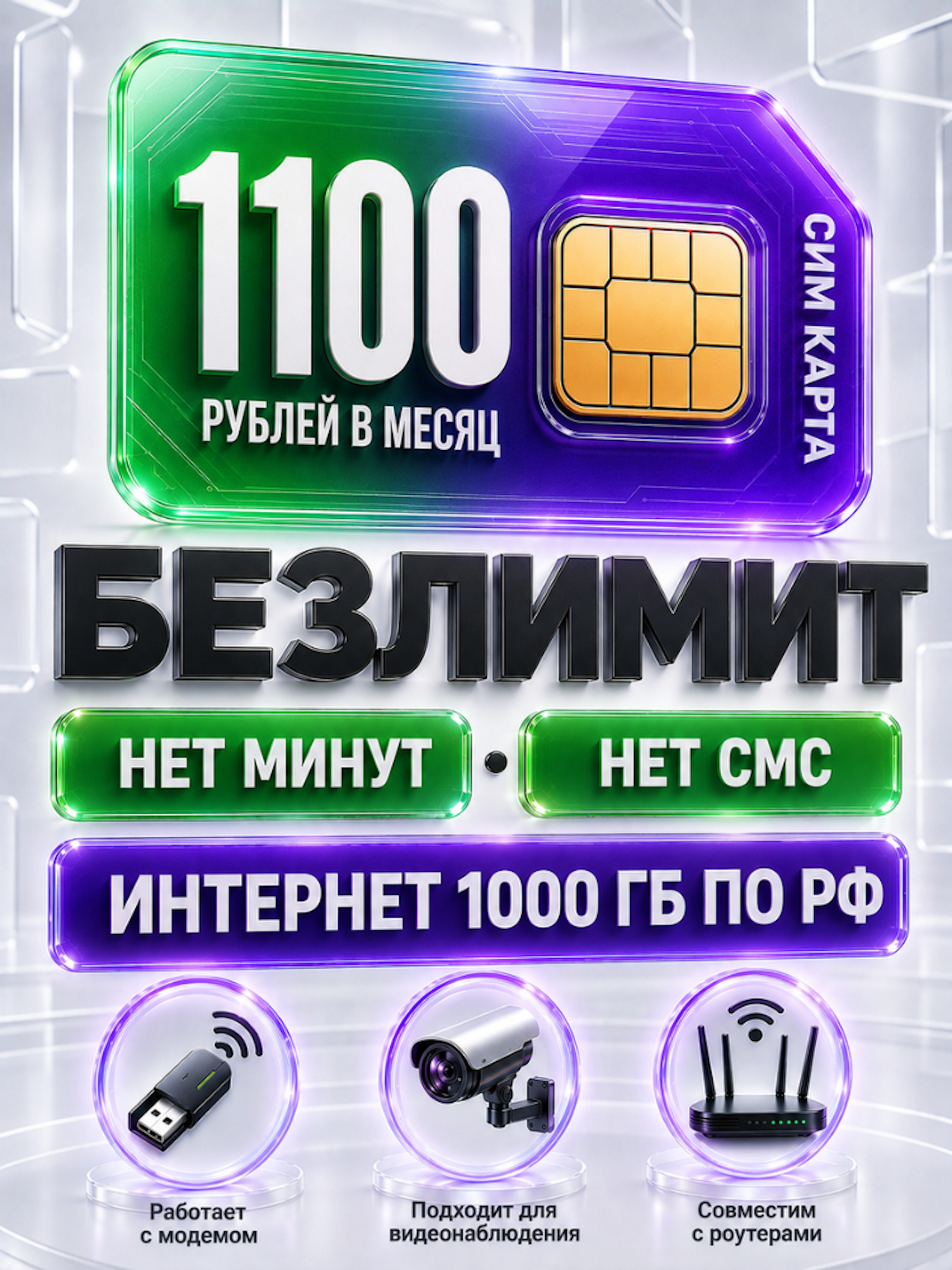 Сим карта Безлимитный интернет - тариф 1100 рублей в месяц 1000 ГБ по РФ для мобильных модемов и роутеров 4G LTE YFMV2