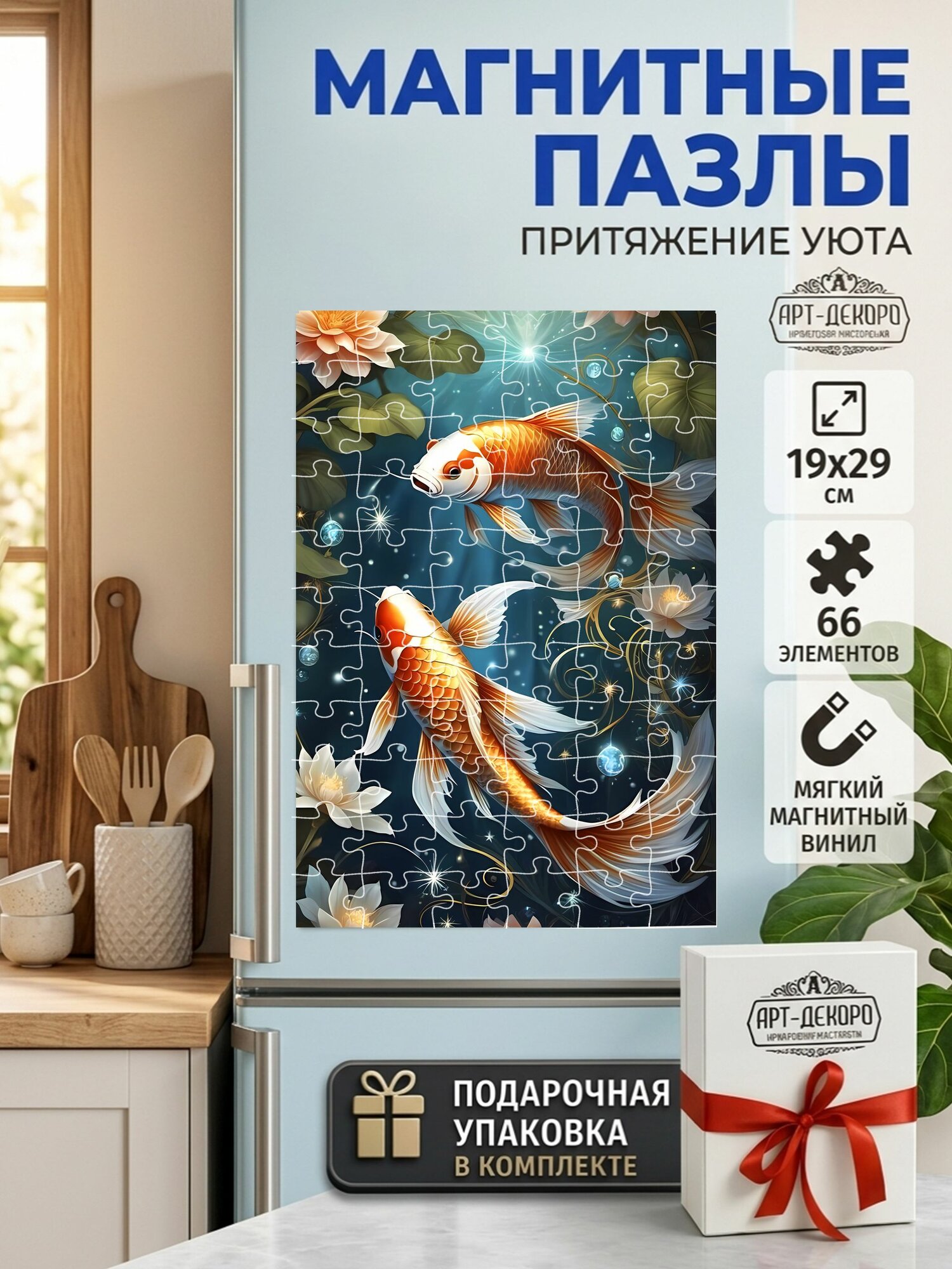 Магнитные пазлы рыбы Японские Карпы Кои, 19х29 см, 66 деталей