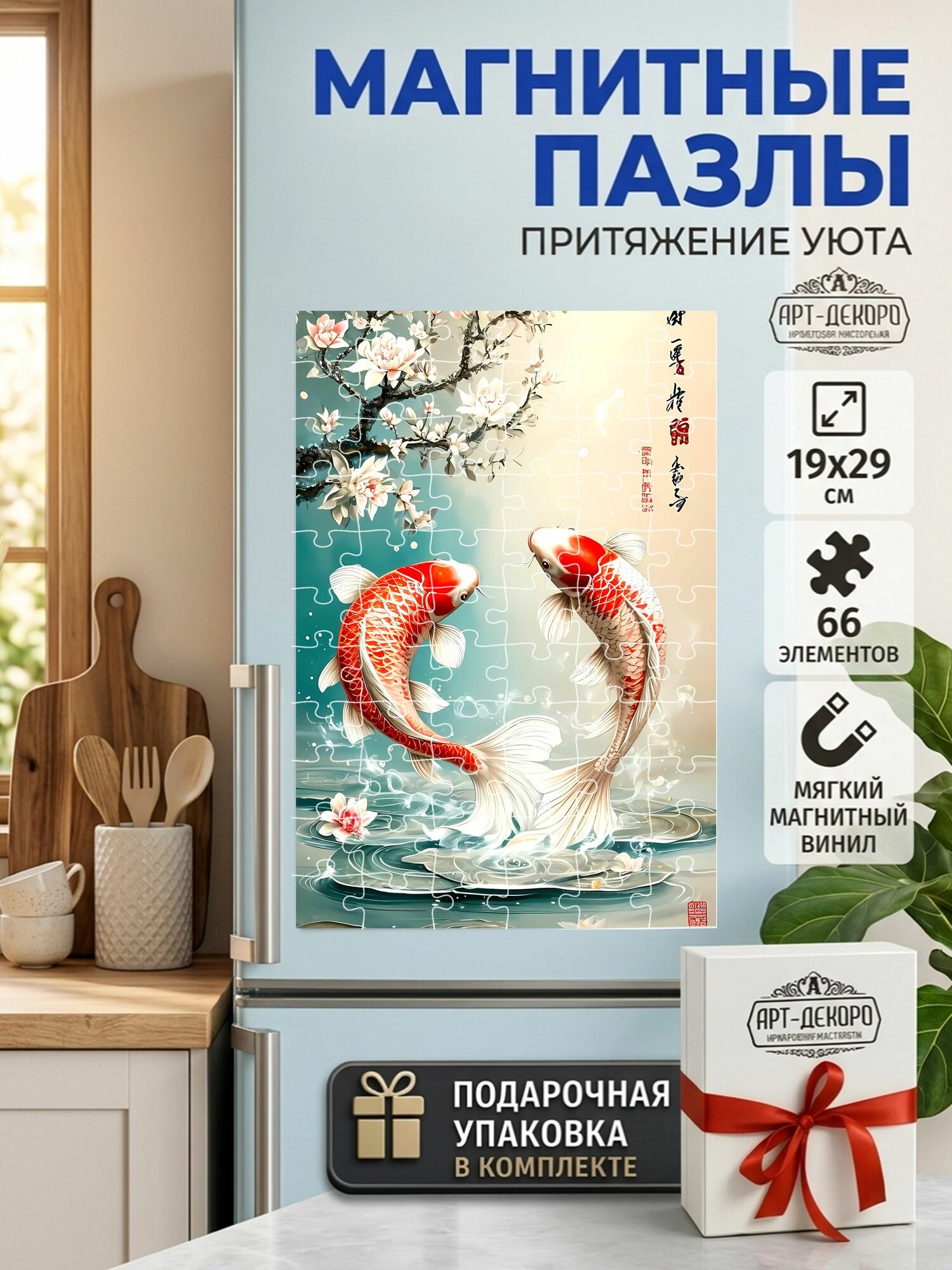 Магнитные пазлы рыбы Японские Карпы Кои, 19х29 см, 66 деталей